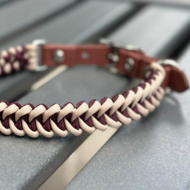 Fishtail Hand Braided Dog Collar in Burgundy & Cream - American Bark Bliss